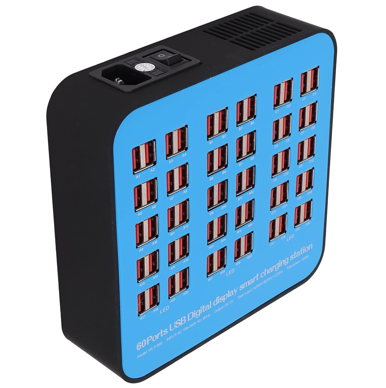 תחנת טעינה 60 פורט USB הספק עד 300W זיהוי אוטומטי CBMOX CM-860 USB 60 ...